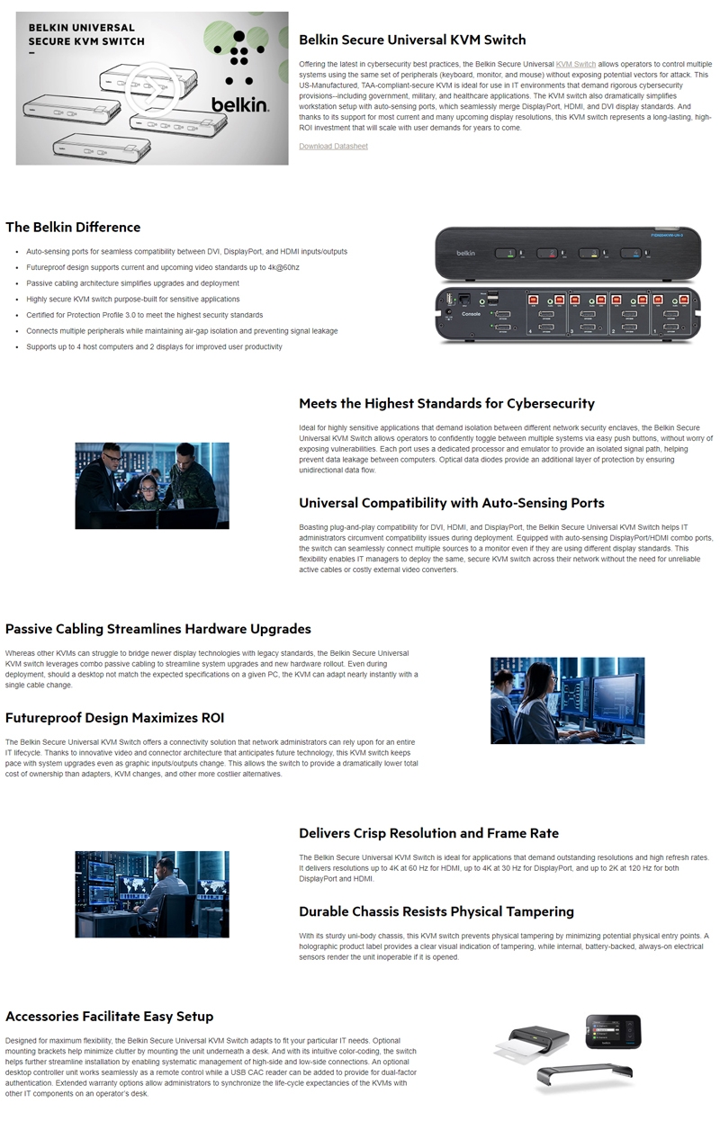 Belkin 4-Port Secure 2 Head Dp/ Hdmi Universal Kvm Switch With Cac 3Yr ...