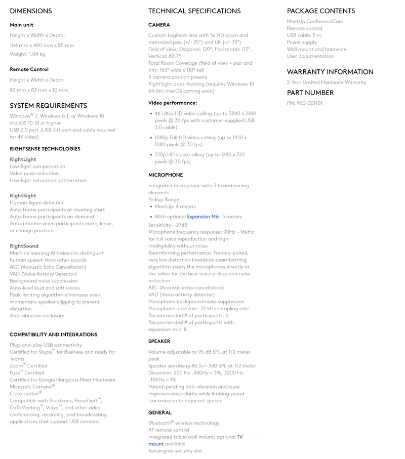 Logitech Meetup Conferencecam 960-001101, All-in-one 4K Ultra HD ...