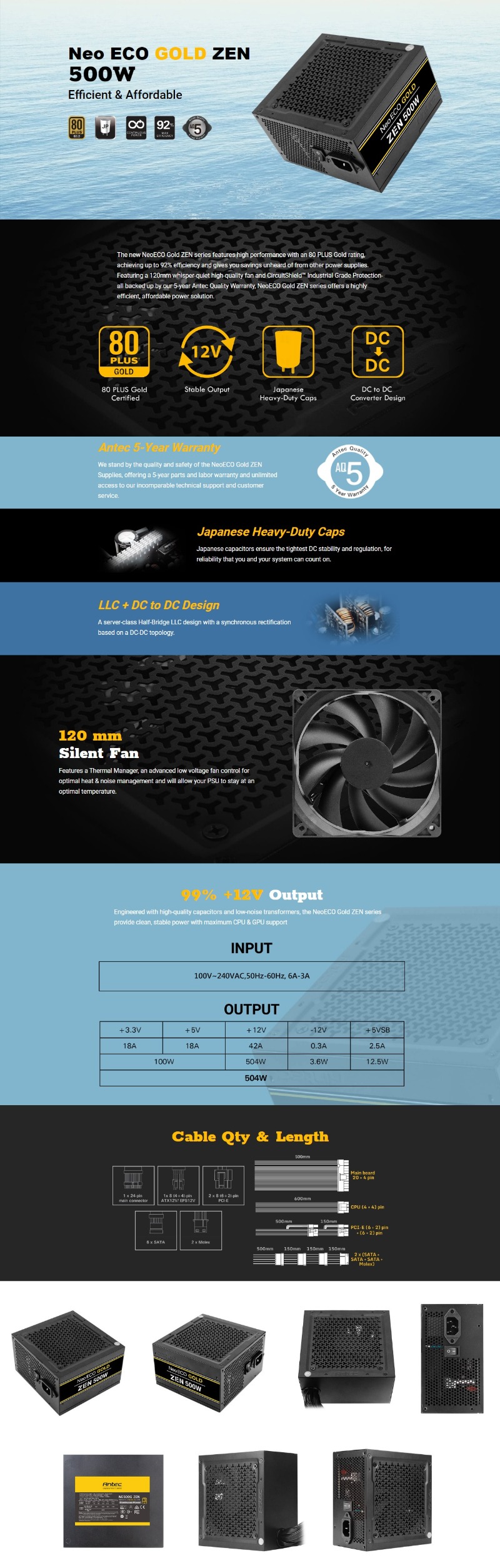 Antec NE500G-ZEN ATX PSU: 500W Neo Eco ZEN 80Plus Gold (NE500G-ZEN)