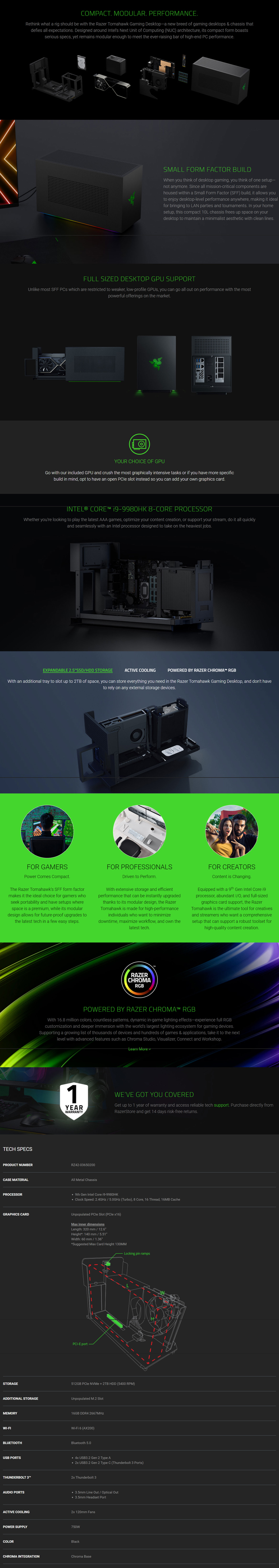 Razer Tomahawk Modular Gaming Desktop, i9-9980HK, 16GB, 512GB SSD, 2TB ...