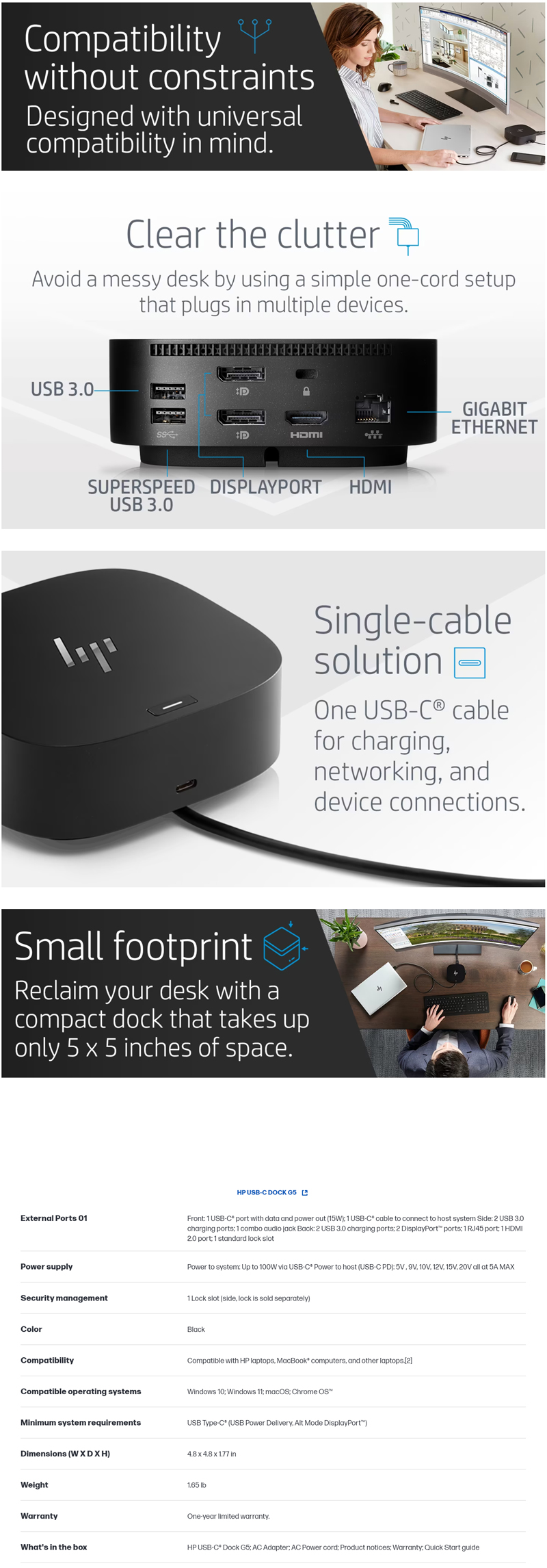 HP USB-C Dock G5 Triple Display 26D32AA, 2x Display Port, HDMI, 4x USB ...