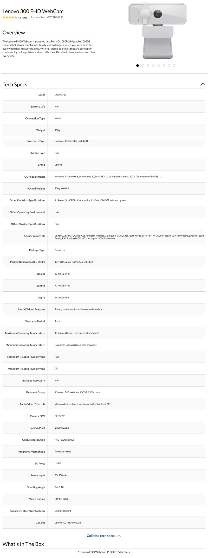 Lenovo 300 FHD Webcam, Full Stereo Dual Mic, Privacy Shutter, Full HD ...
